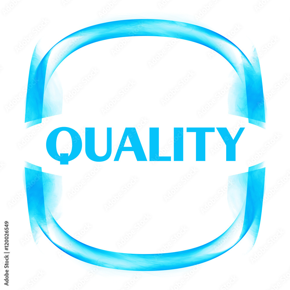 Round blue frame with the word 'Quality' isolated on white background ...