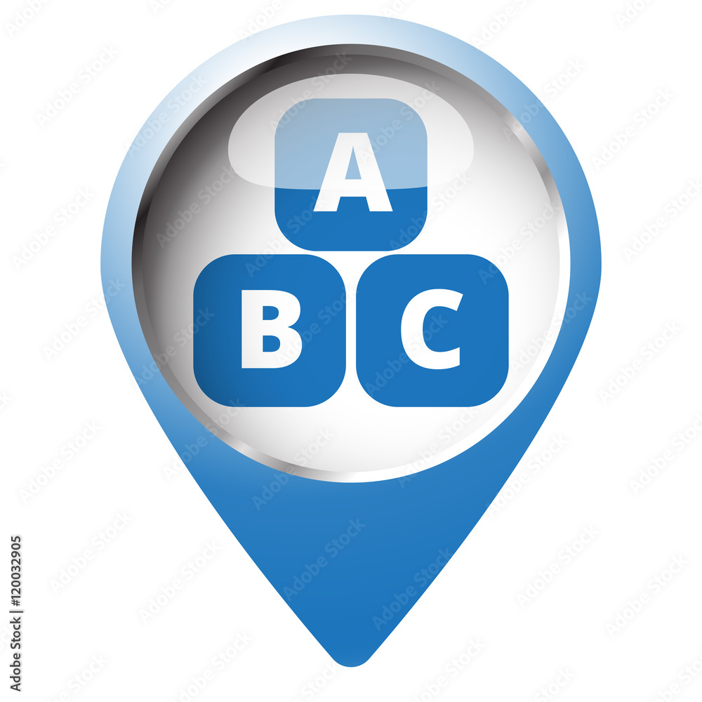 Map pin symbol with Abc Blocks icon. Blue symbol on white backgr Stock ...