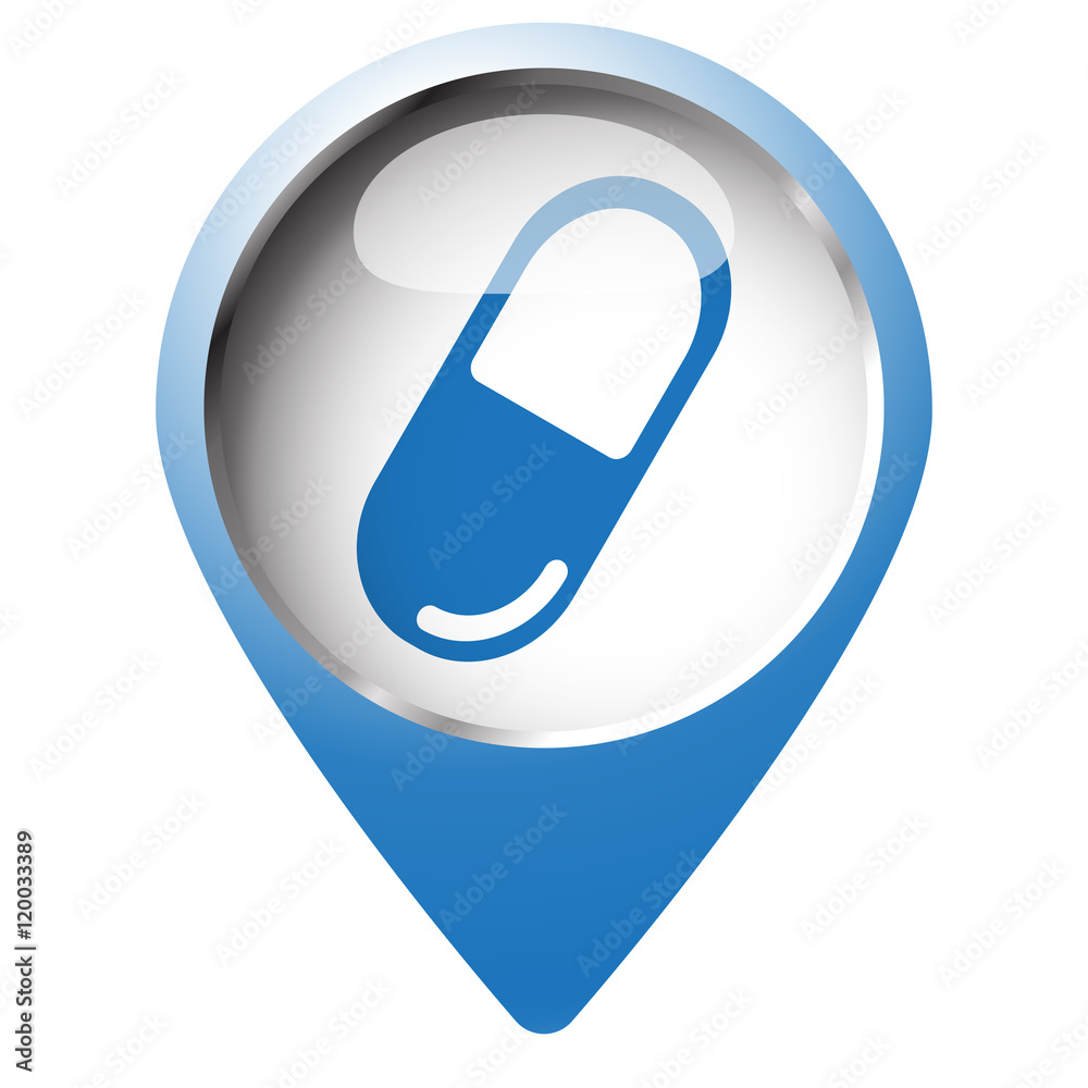 Map pin symbol with Pill icon. Blue symbol on white background. Stock ...