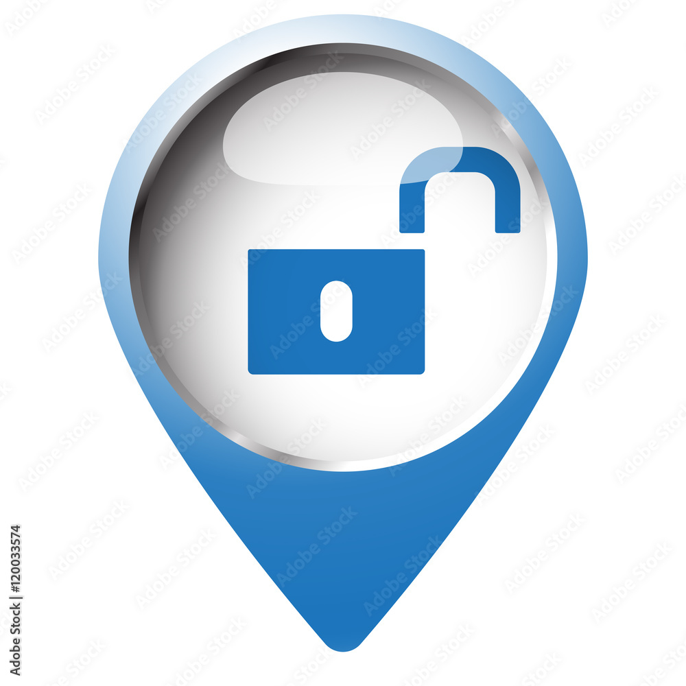 Map pin symbol with Unlock icon. Blue symbol on white background Stock ...