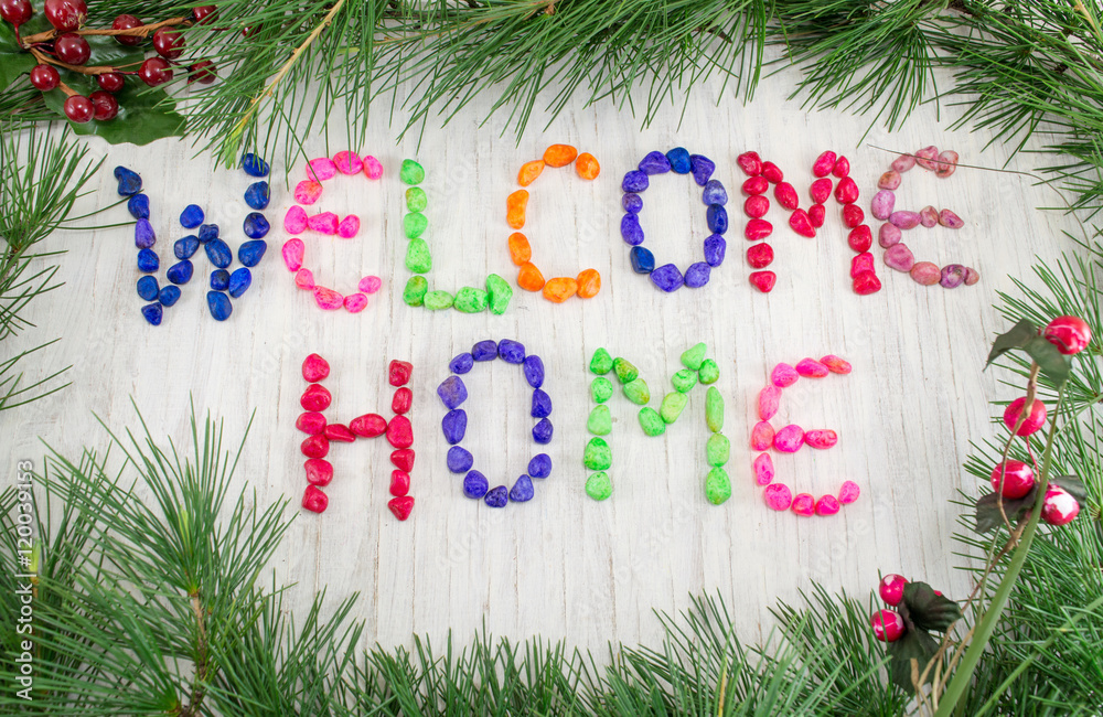 Welcome home note written with small rocks Stock Photo | Adobe Stock