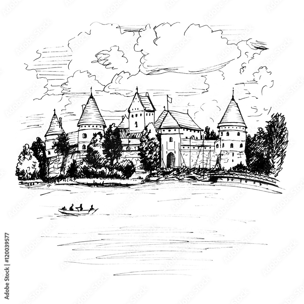 Color hand drawing, Trakai Island Castle or Traku pilis in summer day ...