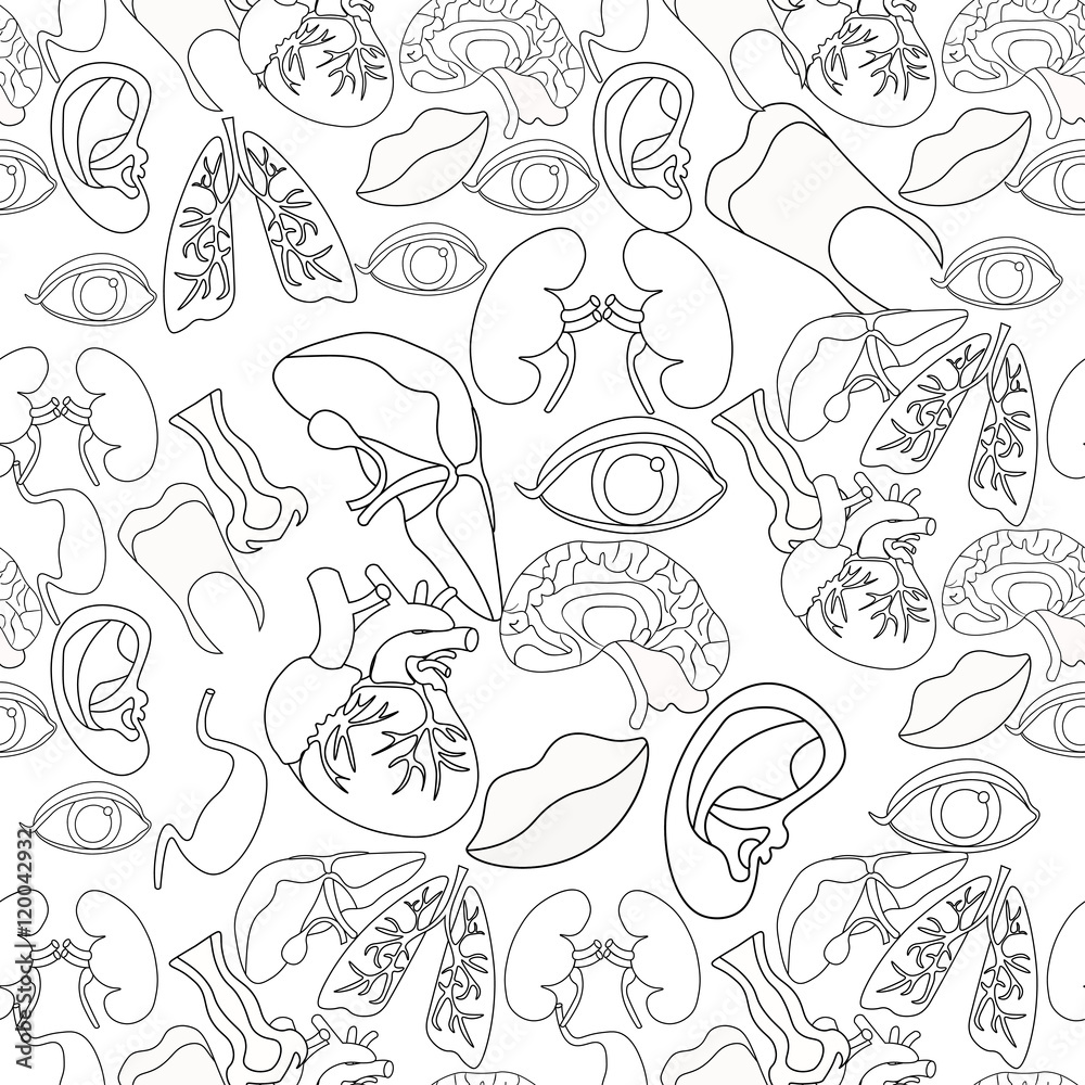 Coloring seamless pattern of human organs in the body and face. Stock ...