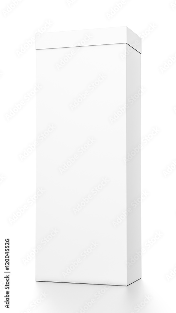 White tall vertical rectangle blank box with cover from front far side ...