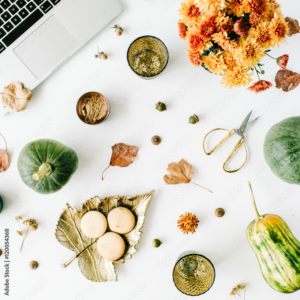 autumn fall flat lay, top view home office table desk. workspace with ...