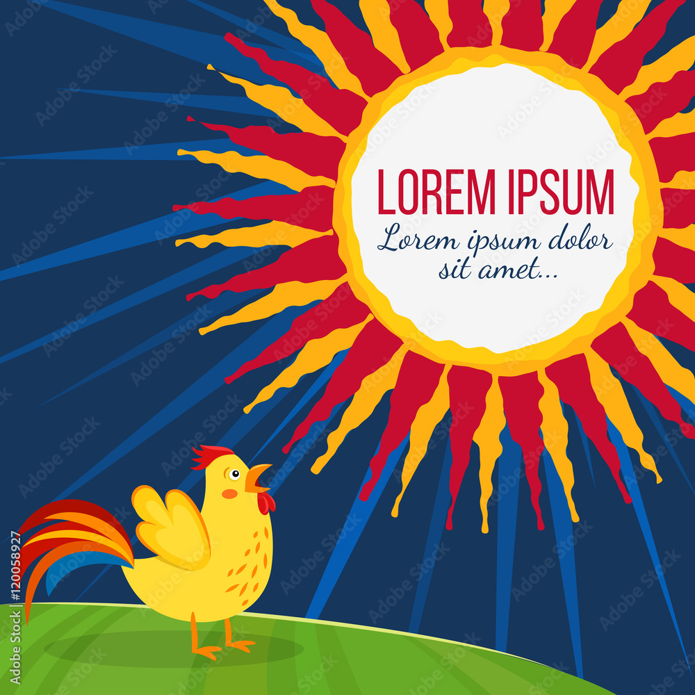 Yellow chicken with open beak and colorful sun. Vector cartoon ...