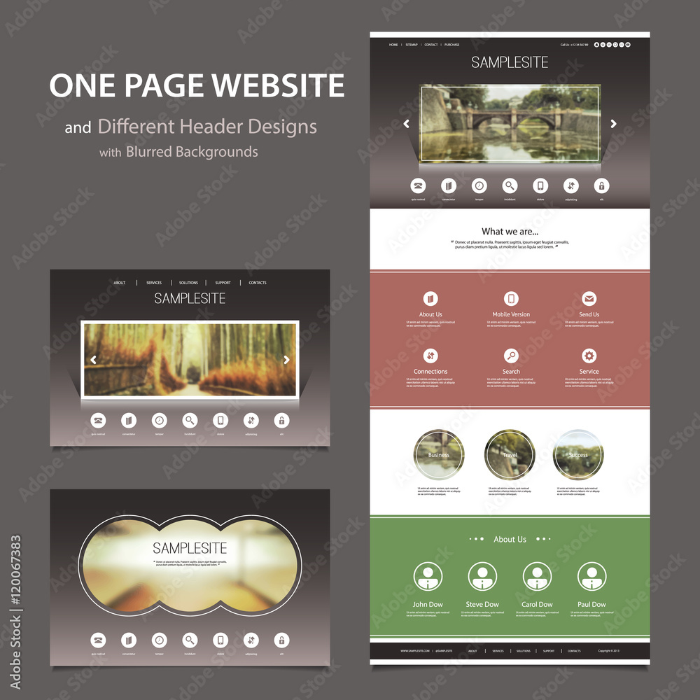 One Page Website Template and Different Header Designs with Blurred ...