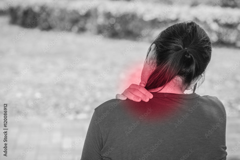 white asian fitness fat woman holds her neck, neck pain,neck muscle ...