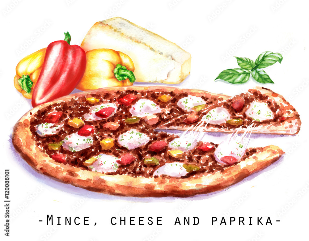 Hand-drawn watercolor illustration of the pizza with the meat stuffing ...