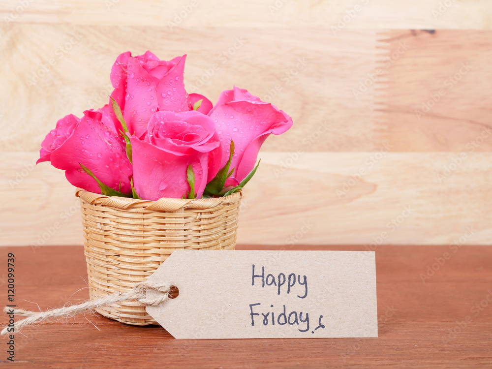 Foto de Handwriting Happy Friday and pink rose flower 2 do Stock ...