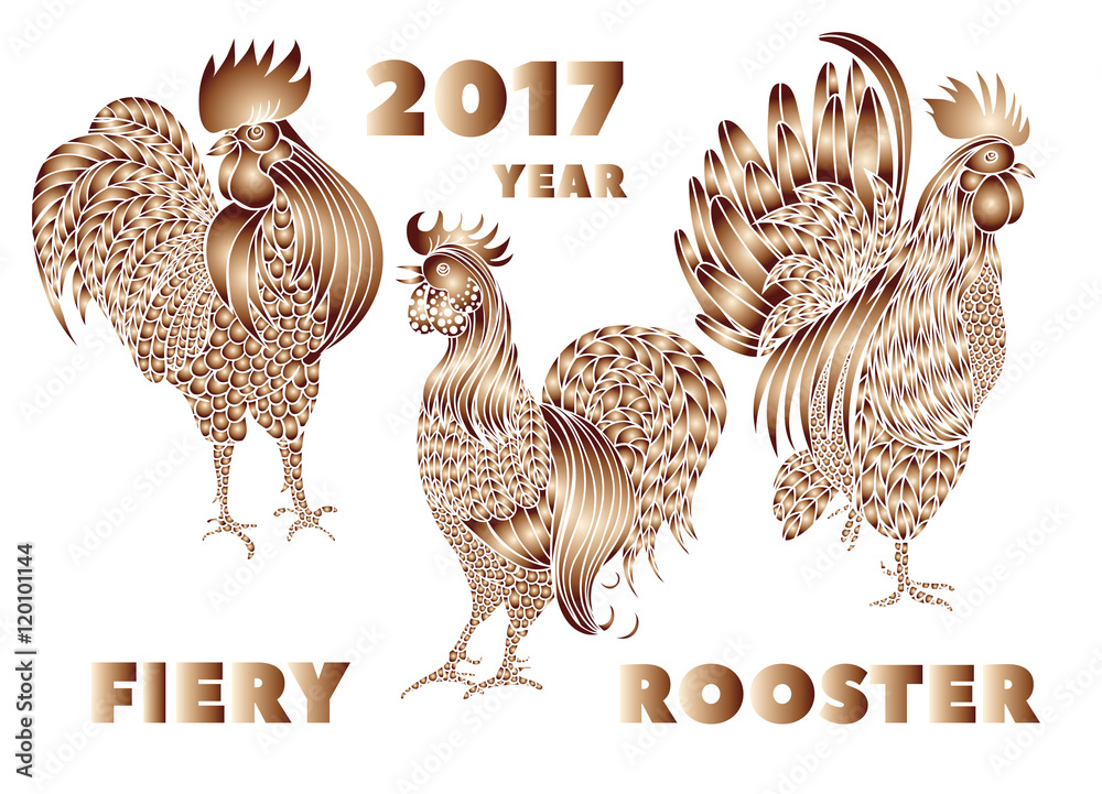 Set of red roosters. Hand-drawn doodle silhouette with gradients Stock ...