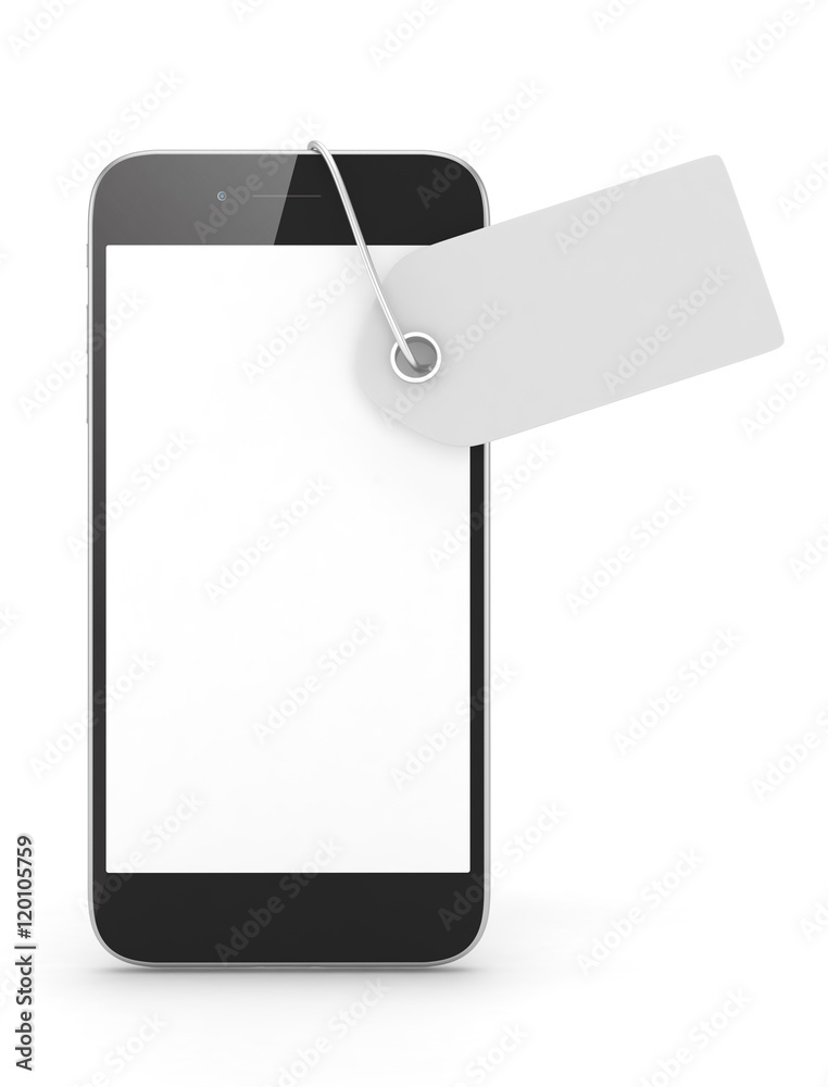 Smart phone with price tag on white background. Identification, price ...