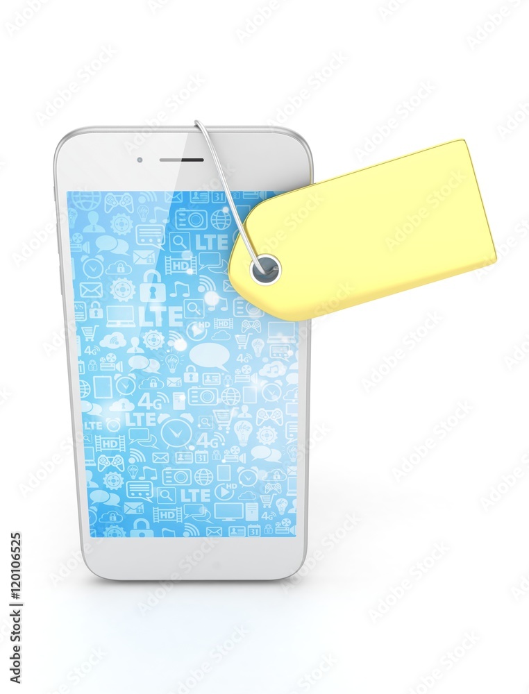 White smart phone with golden price tag on white background ...
