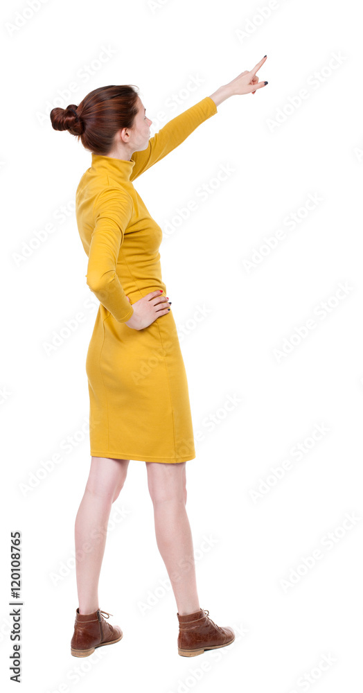 Back view of pointing woman. beautiful girl. Rear view people ...