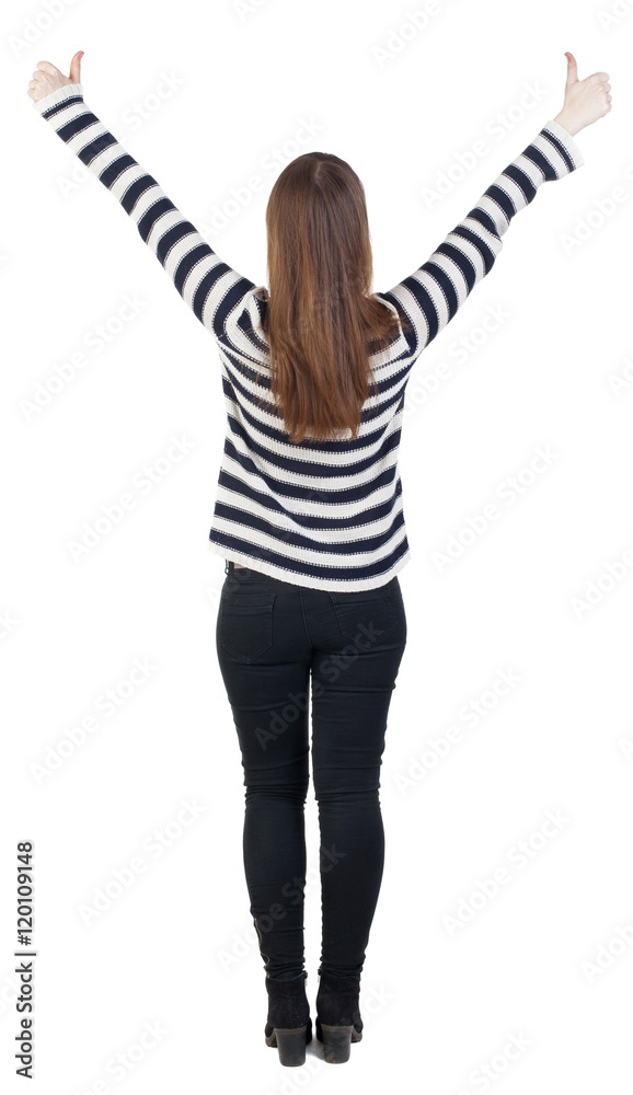 Back view of woman thumbs up. Rear view people collection. backside ...