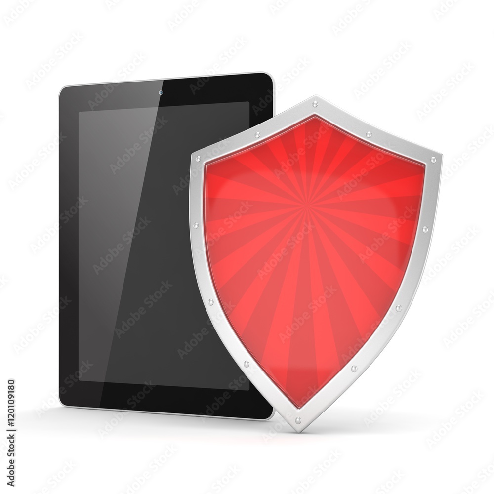 Tablet PC and shield on white device security concept. 3d rendering ...