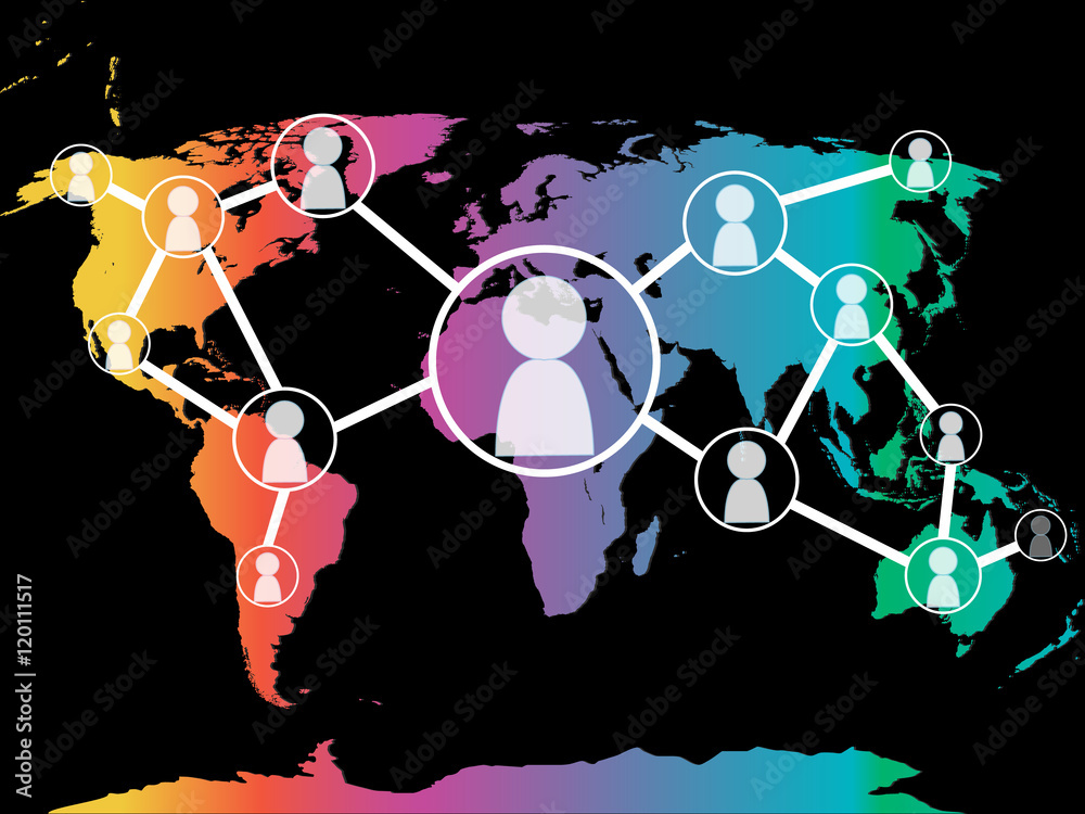 People icons connect together with lines on a world map that comes with ...