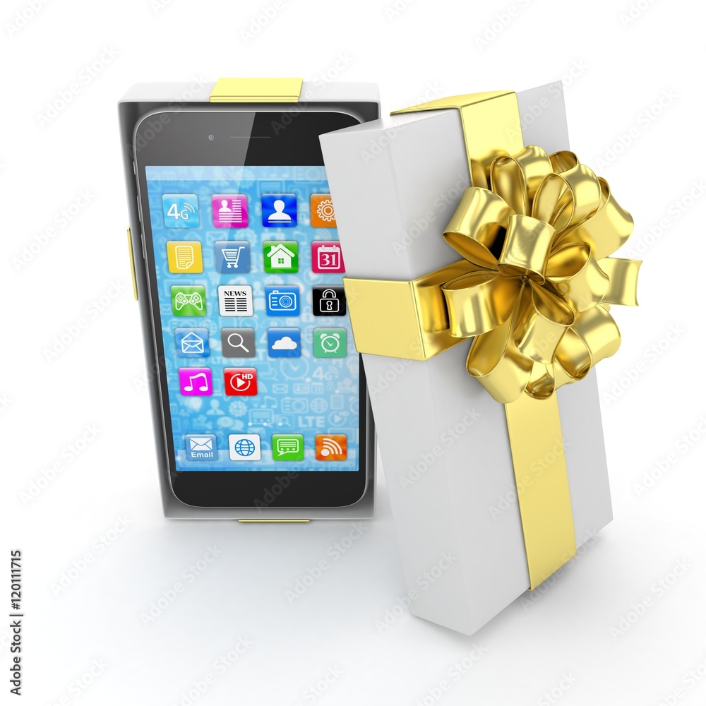 Smartphone in gift box. Isolated on white background. 3d rendering ...
