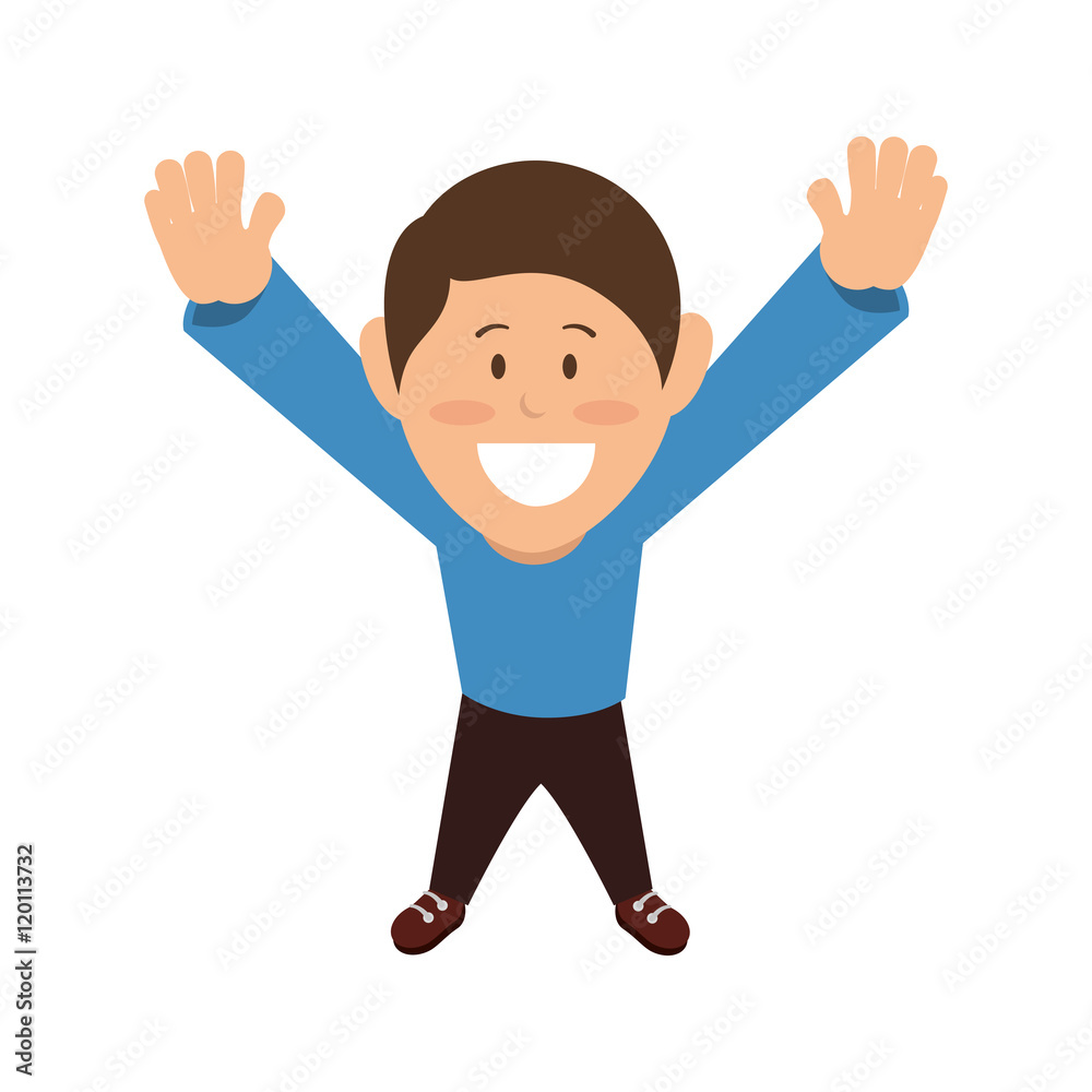 cartoon boy smiling with hands up wearing blue shirt. vector ...