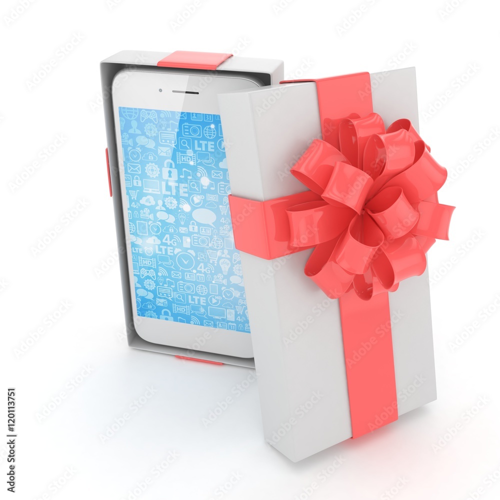 Smartphone in gift box. Isolated on white background. 3d rendering ...