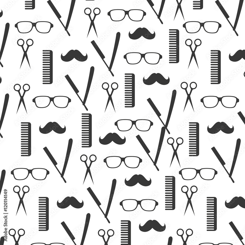 barber shop background with glasses scissors mustaches and blade ...