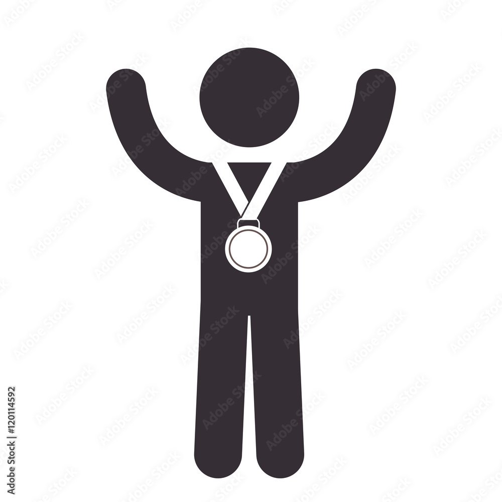 winner man with award medal holding and hands up. vector illustration ...