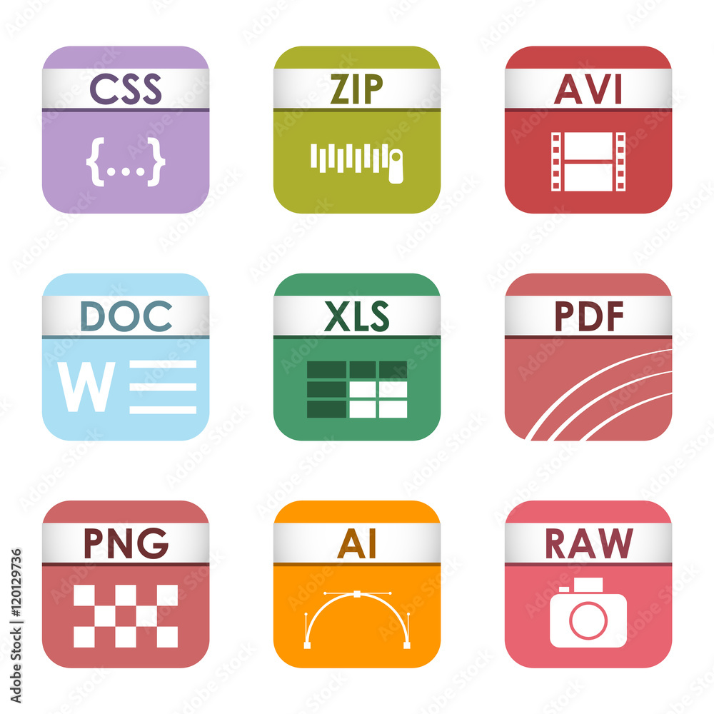 Simple vector square file types and formats labels icon set. File type ... Simple vector square file types and formats labels icon set. File type ...