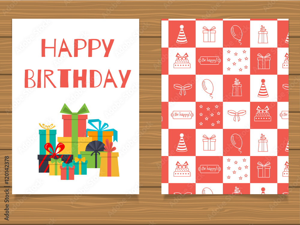 Happy Birthday. Lettering greeting card and its reverse side with an ...