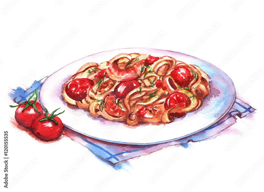 Hand-drawn watercolor illustration of the pasta on the plate. Isolated ...