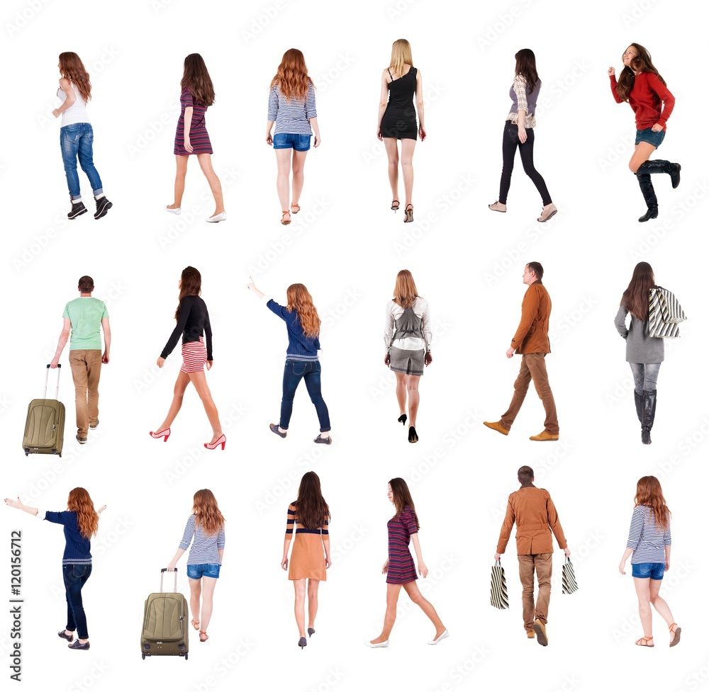 collection " back view of walking people ". going people in motion set ...