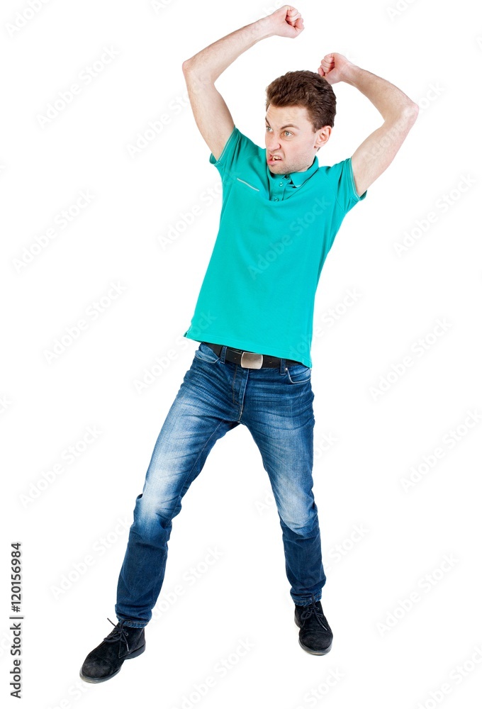skinny guy funny fights waving his arms and legs. Isolated over white ...