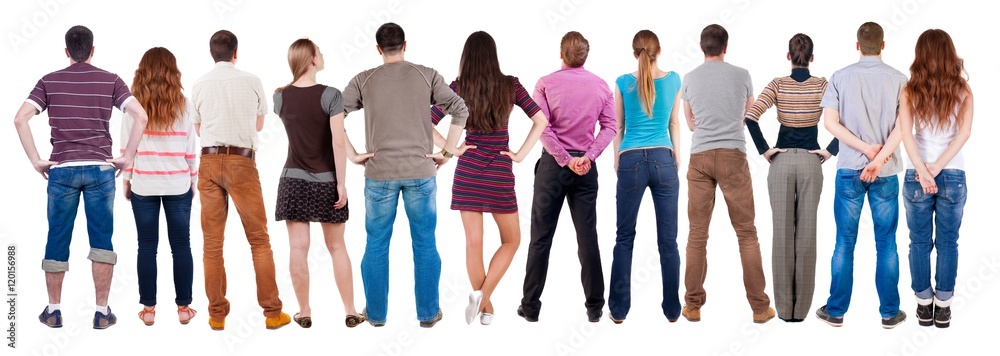 Back view group of people looking. Rear view team people collection ...
