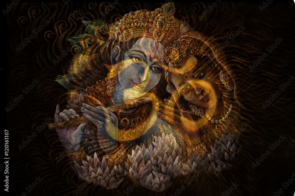 krishna radha couple with sacred symbol, graphic from handpainted ...