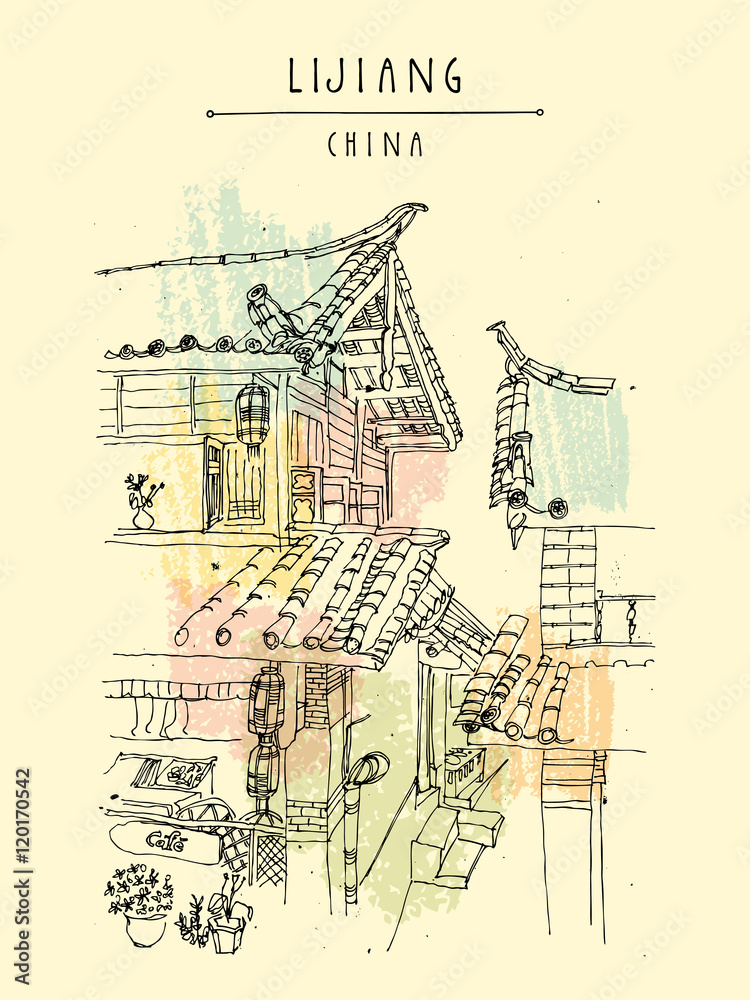 Traditional Chinese houses in Lijiang, Yunnan, China. Artistic hand ...
