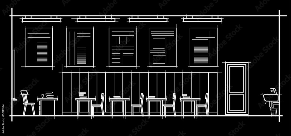 linear architectural sketch interior classroom front view on black ...