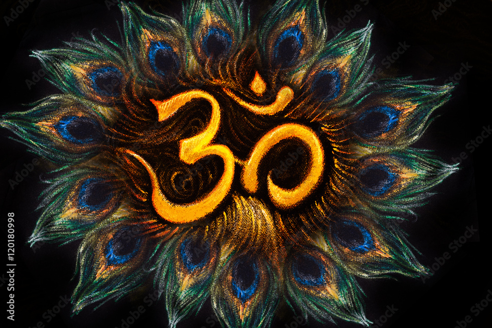 sacred aum sanskrit symbol in circle of peacock feathers Stock ...