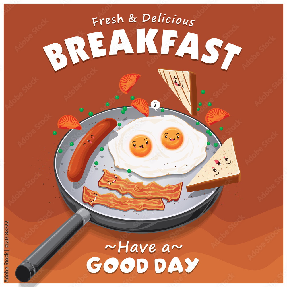 Vintage Breakfast poster design with vector egg, sausage, bread ...