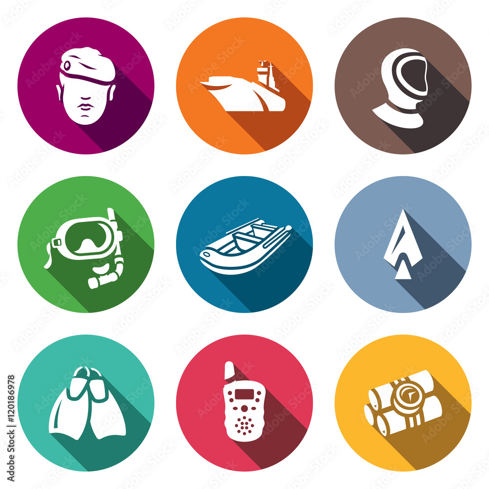 Vector Set of Commandos Icons. Soldier, Ship, Wetsuit, Underwater Mask ...