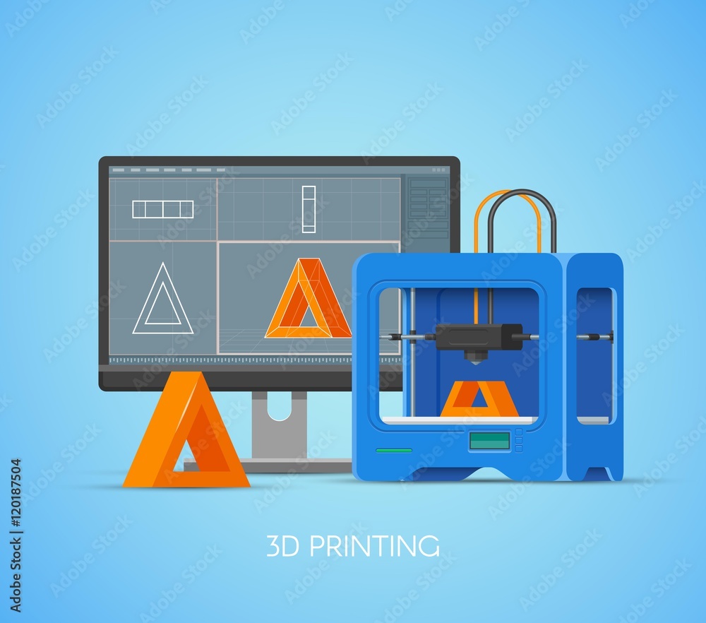 Vector 3D printing concept poster in flat style. Design elements and ...