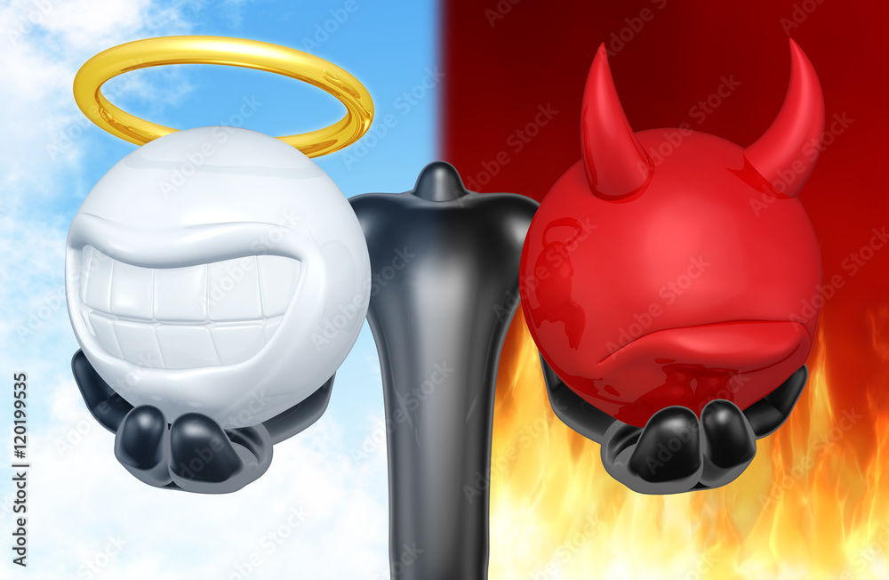 Right Or Wrong Choice Holding Smiling Angel And Frowning Devil Head ...