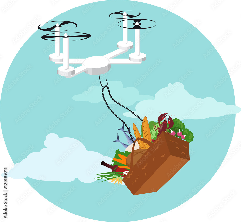 Delivery drone transporting a basket of produce, EPS 8 vector ...