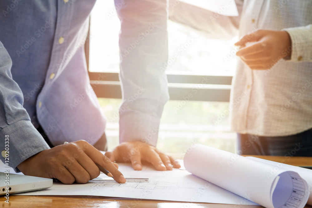 Architect point at blueprint, architectural concept Stock 写真 | Adobe Stock