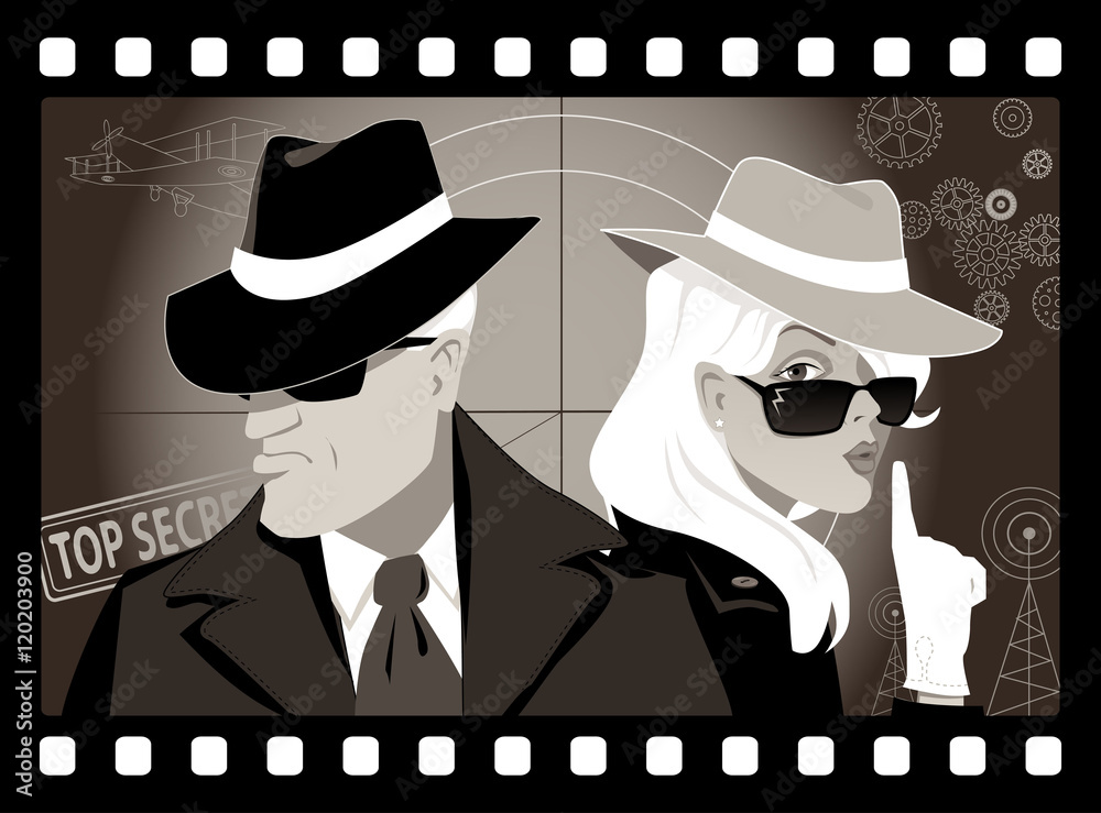 Poster Mysterious couple of secret agents in an old movie frame, vector ...