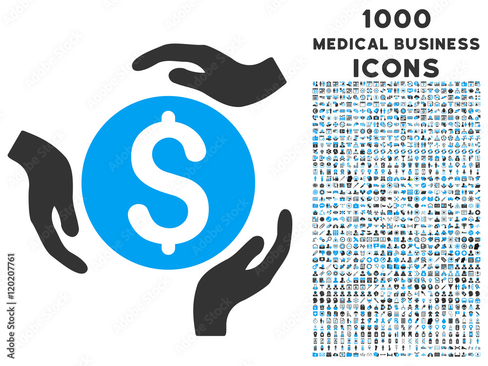 Money Care Hands vector bicolor icon with 1000 medical business icons ...
