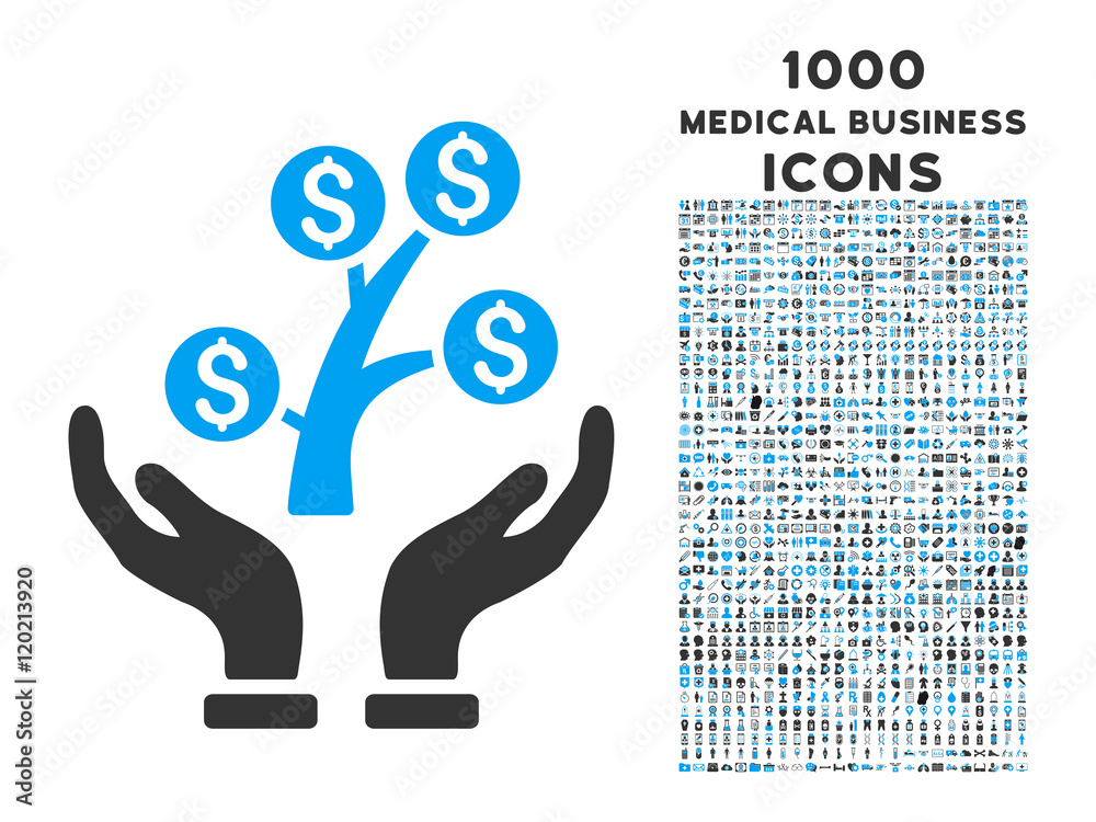 Money Tree Care Hands vector bicolor icon with 1000 medical business ...