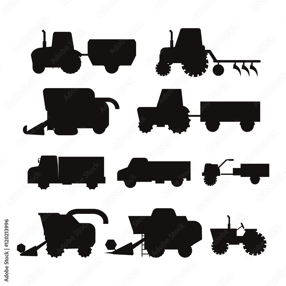 Set of different types of agricultural vehicles and harvester machine ...