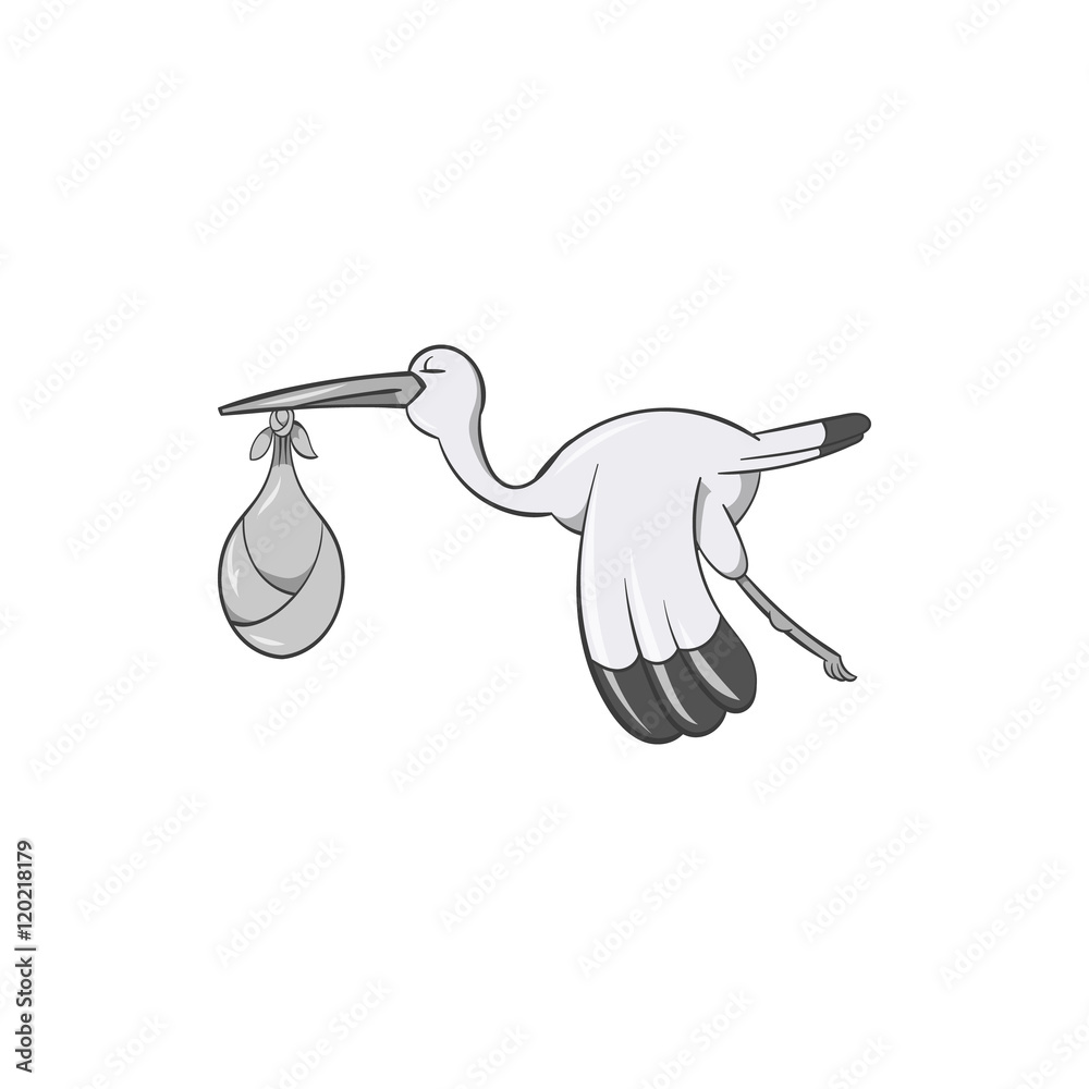 Stork with baby icon in black monochrome style isolated on white ...