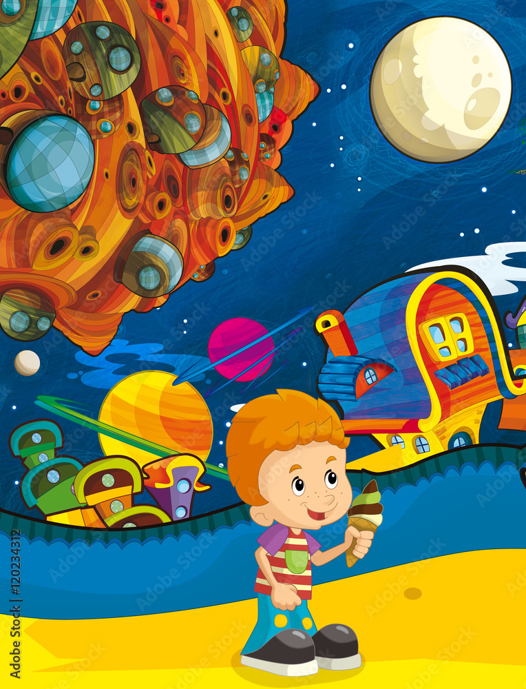 Cartoon scene of cosmos city - cartoon happy boy - ufo - illustration ...