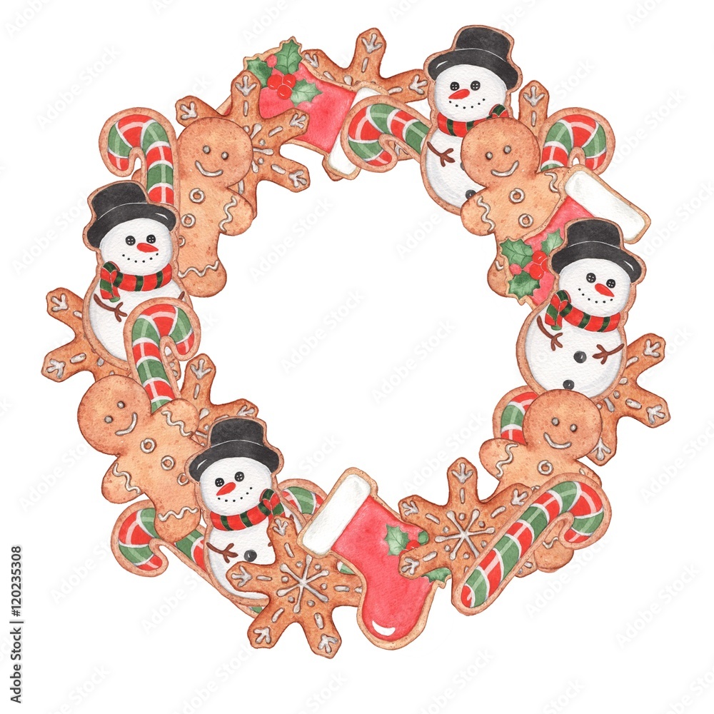 Merry Christmas. A wreath of gingerbread 2. Drawing Watercolor ...