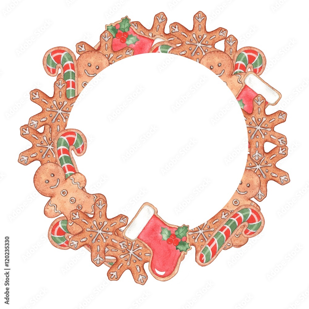 Merry Christmas. A wreath of gingerbread 1. Drawing Watercolor ...